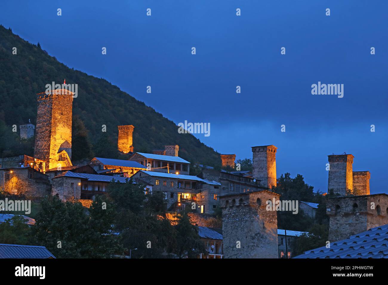 Mestia Town with the Iconic Medieval Svan Tower-houses at Night ...