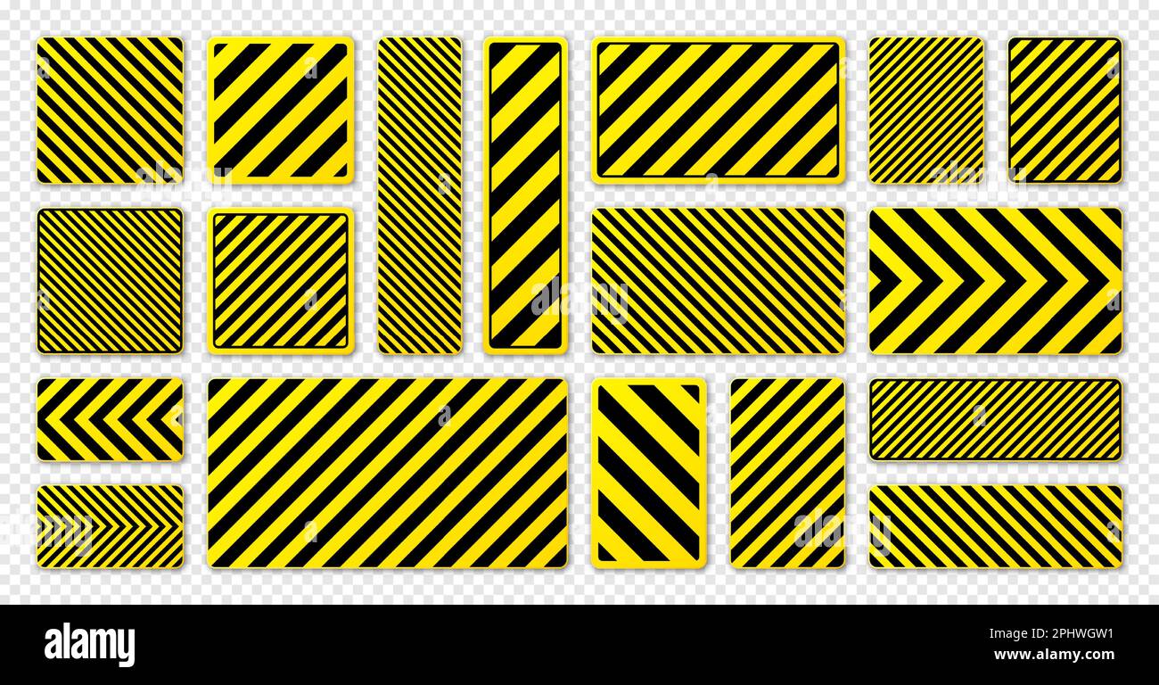 Various black and yellow warning signs with diagonal lines. Attention ...