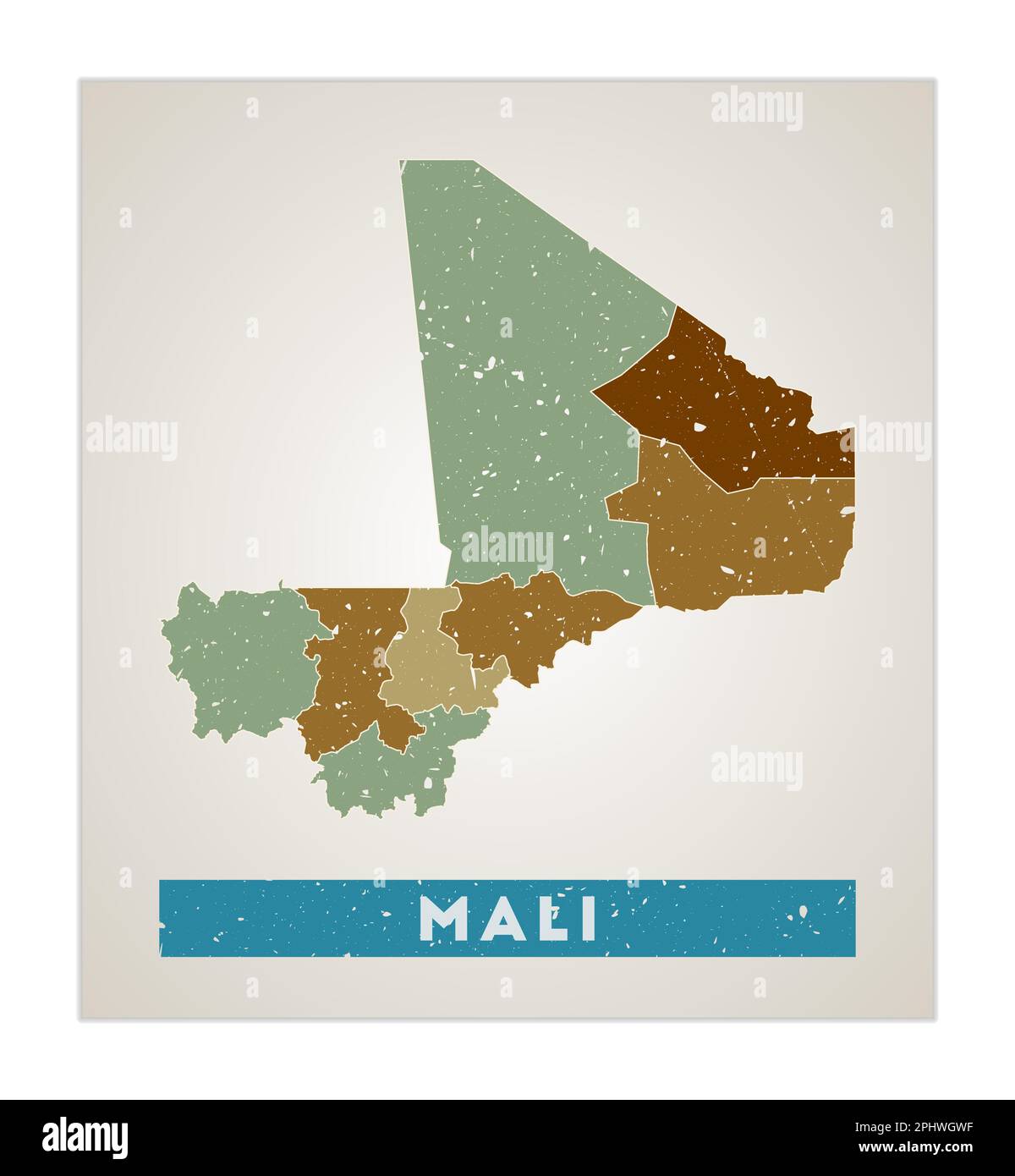 Mali map. Country poster with regions. Old grunge texture. Shape of ...