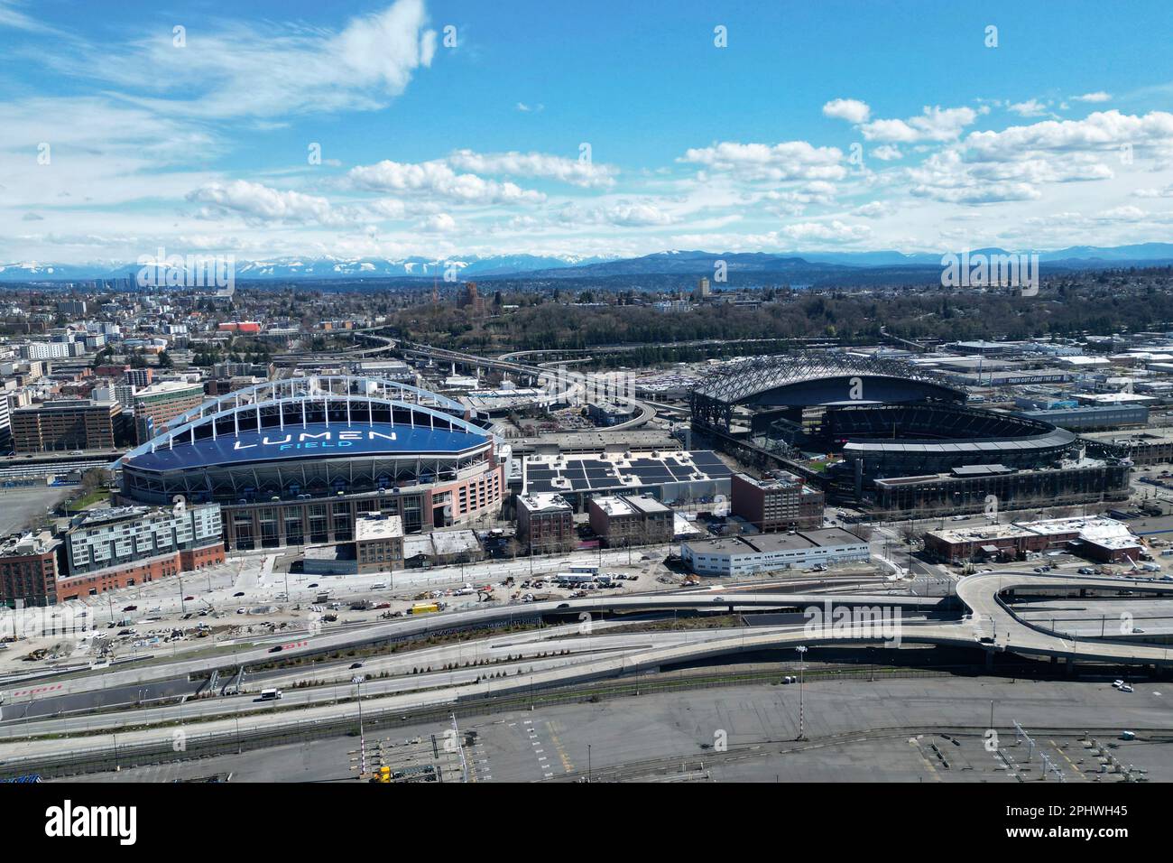 A general overall aerial view of Lumen Field (left) and T-Mobile Park ...