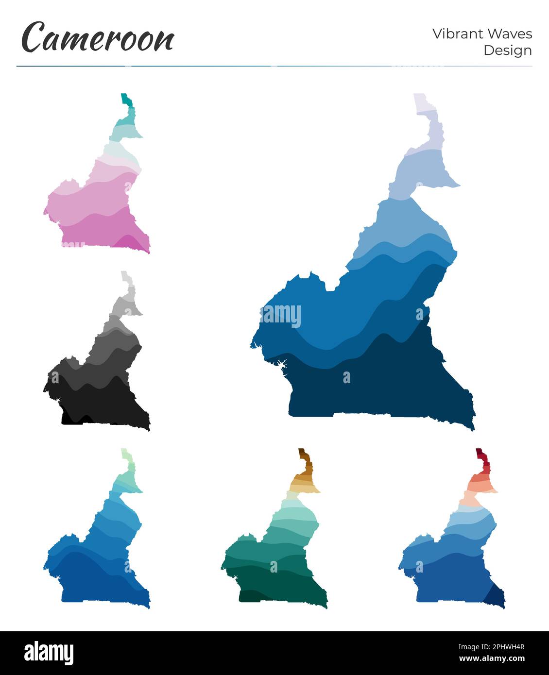 Set of vector maps of Cameroon. Vibrant waves design. Bright map of country in geometric smooth ...