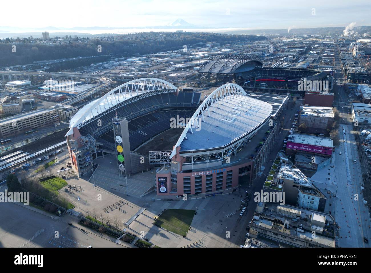 A general overall aerial view of Lumen Field (foreground) and T-Mobile ...