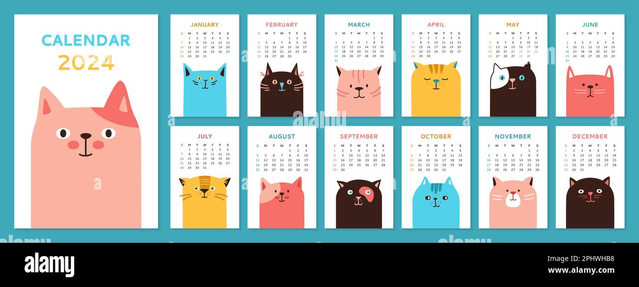 Calendar 2023 with cartoon Cats template page and cover set. Monthly ...