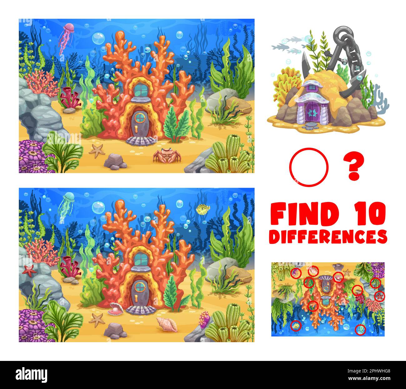 Find ten differences on underwater landscape. Kids vector game ...