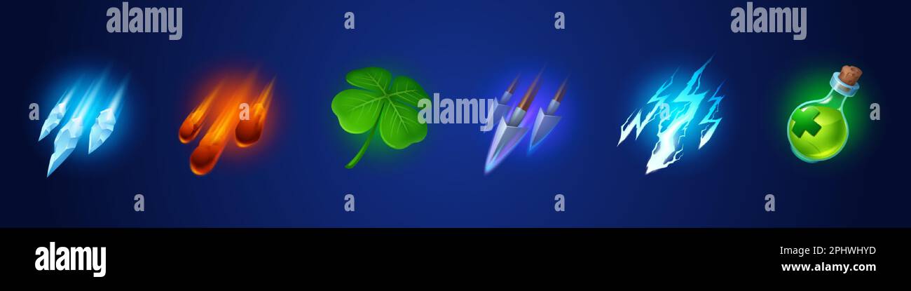 Magic spells and game skills icons. Fantasy light and fire effects ...