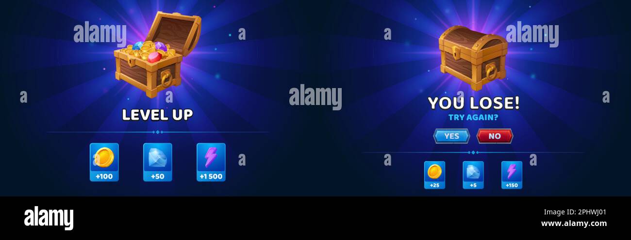 Level up and defeat mobile ui game vector background. Gui win screen ...