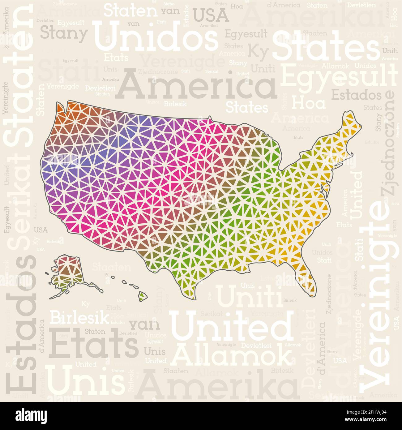 USA map design. Country names in different languages and map shape with ...