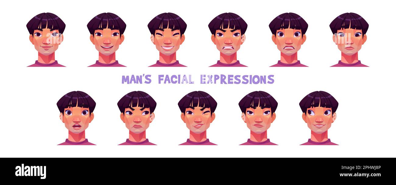 Asian man face, japanese or chinese character with sad, happy and angry ...