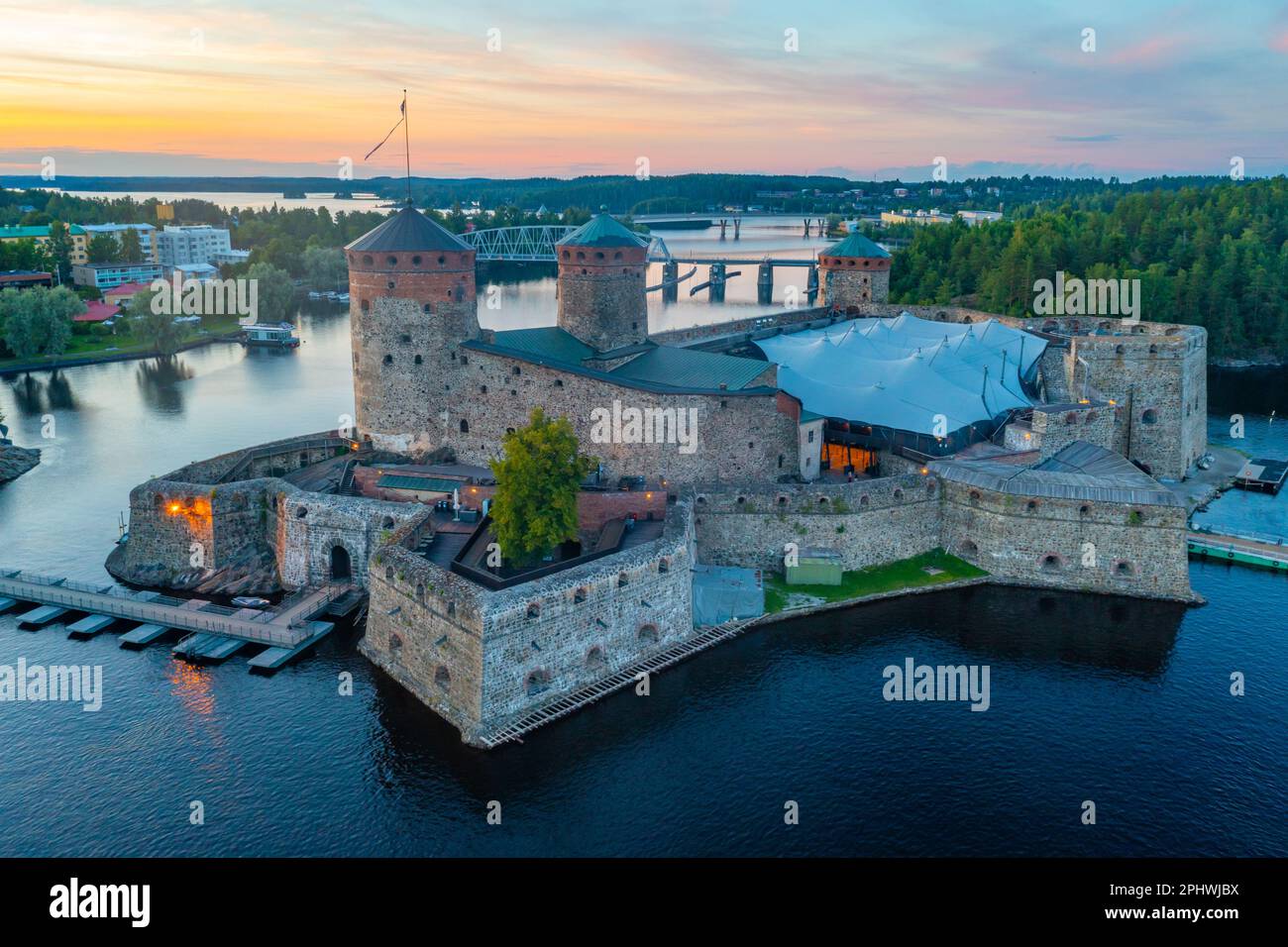 Sunset panorama of Olavinlinna castle in Savonlinna, Finland Stock ...