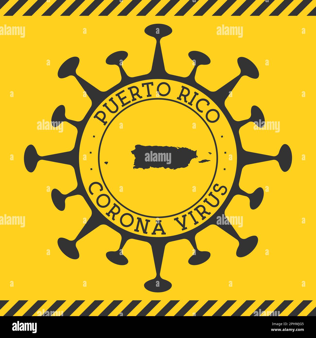 Coronavirus in Puerto Rico sign. Round badge with shape of virus and ...