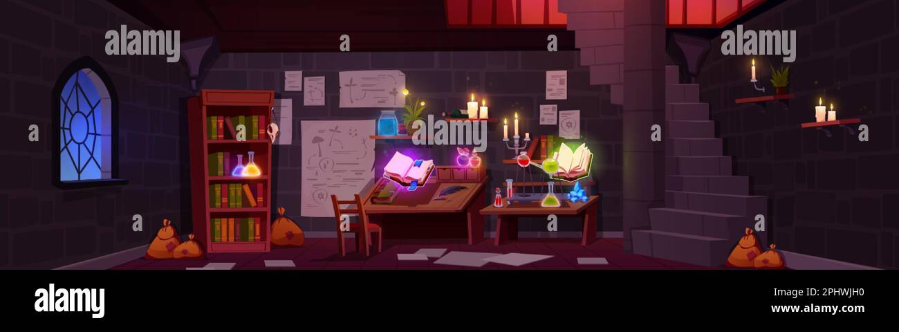 Alchemist work room in medieval dungeon. Vector cartoon illustration of ...