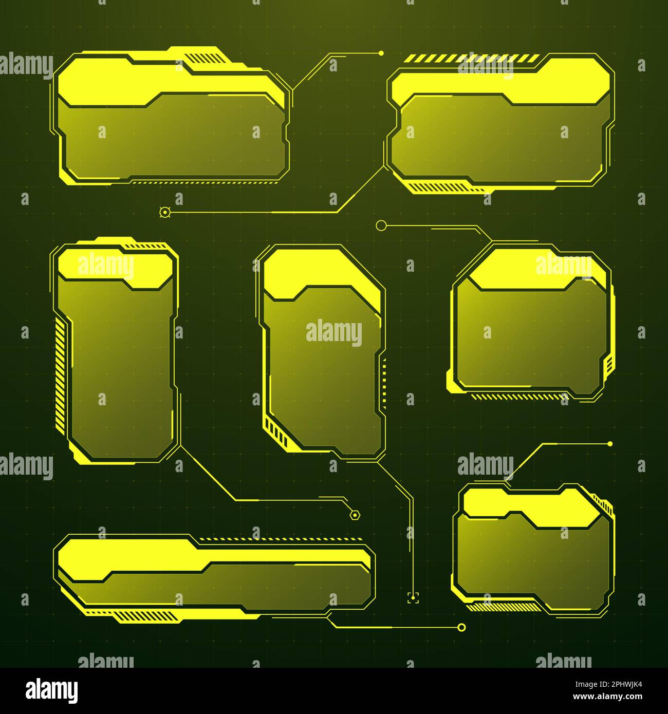 Yellow futuristic HUD, UI elements. Sci-fi user interface text boxes, callouts. Warning message ...