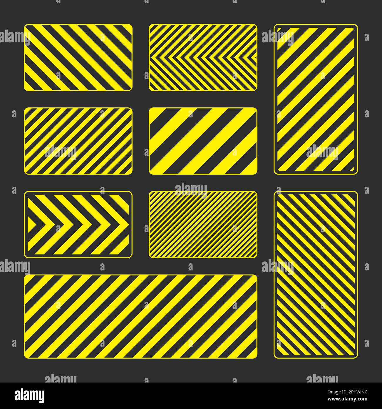 Various yellow warning signs with diagonal lines. Attention, danger or ...