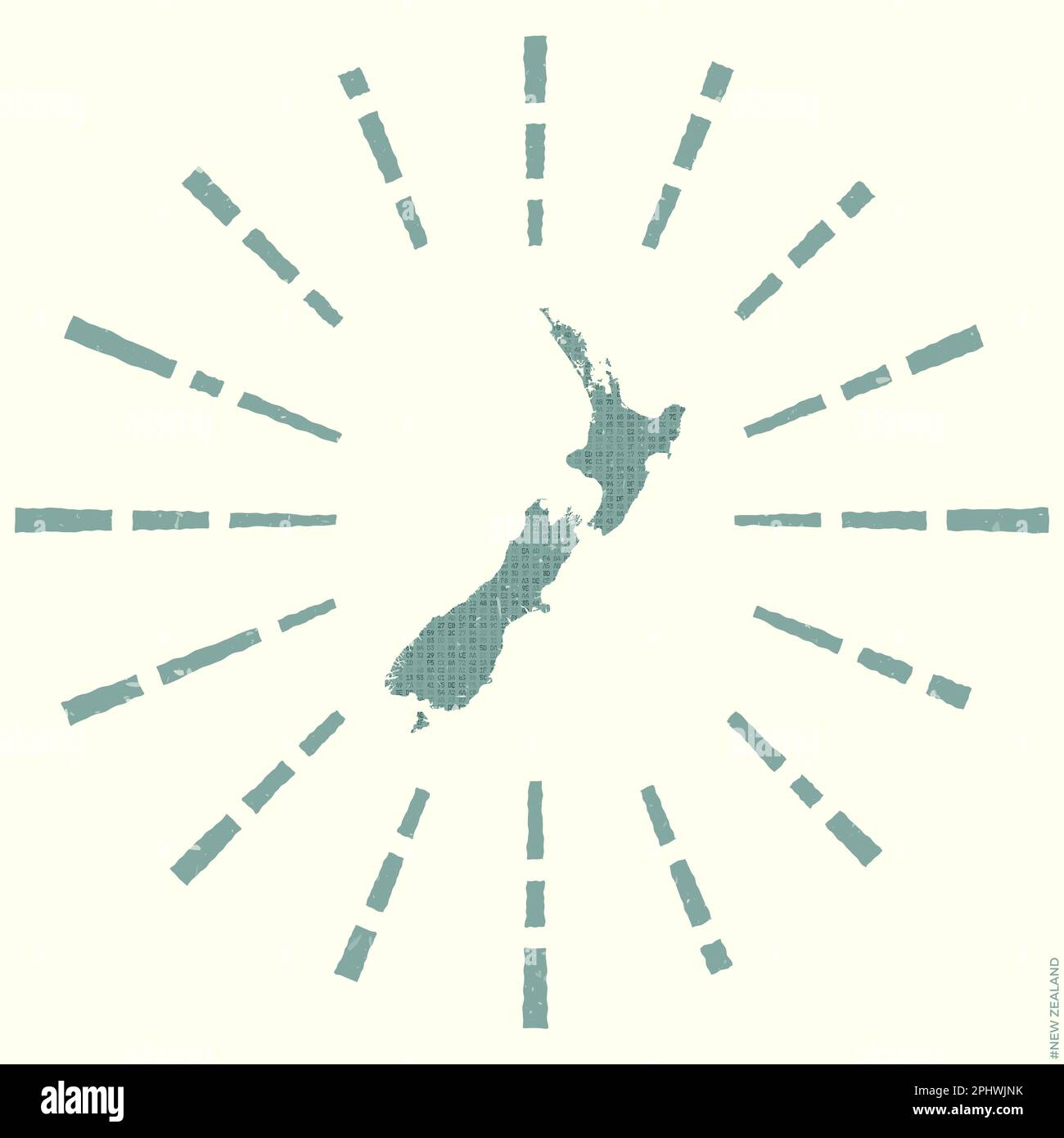 New Zealand Logo. Grunge sunburst poster with map of the country. Shape ...