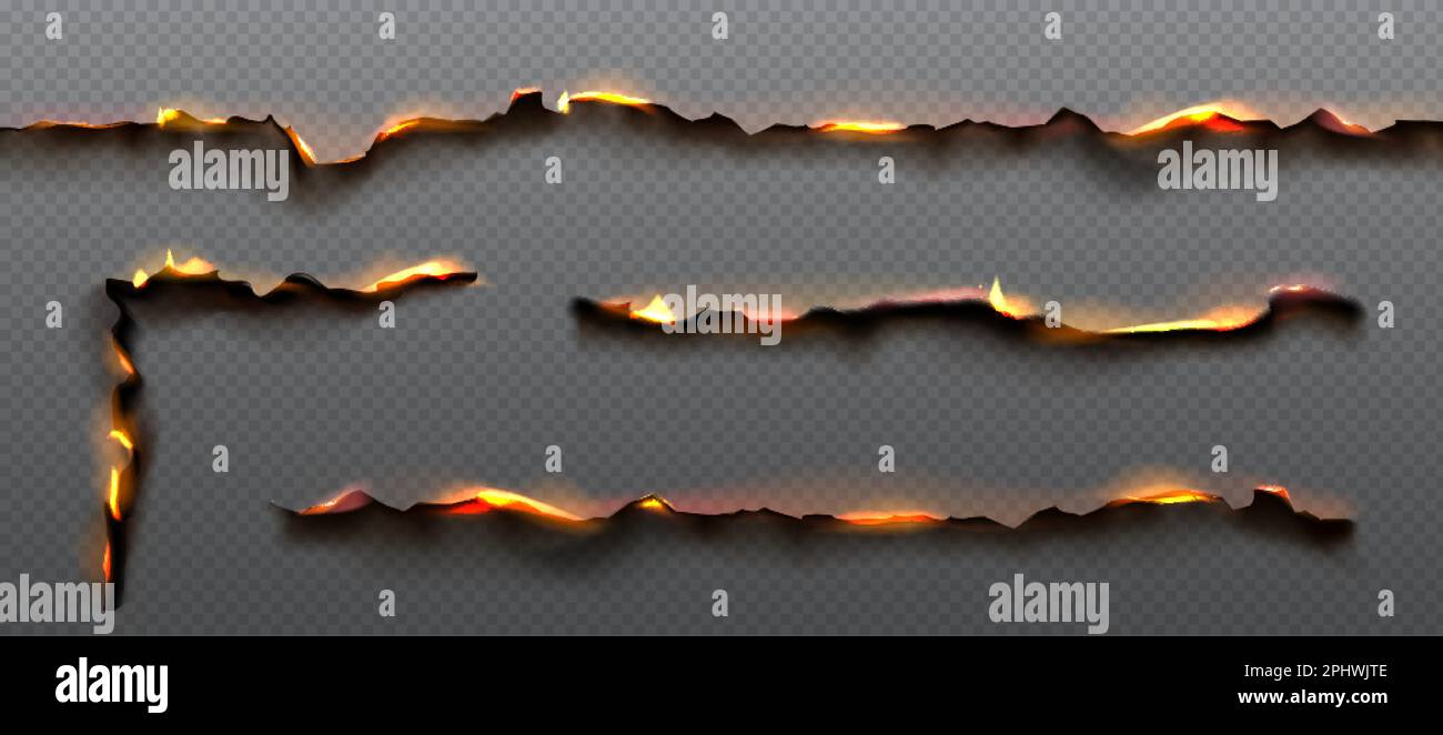 Fire on burnt paper edges. Frames with burn effect with yellow flame ...