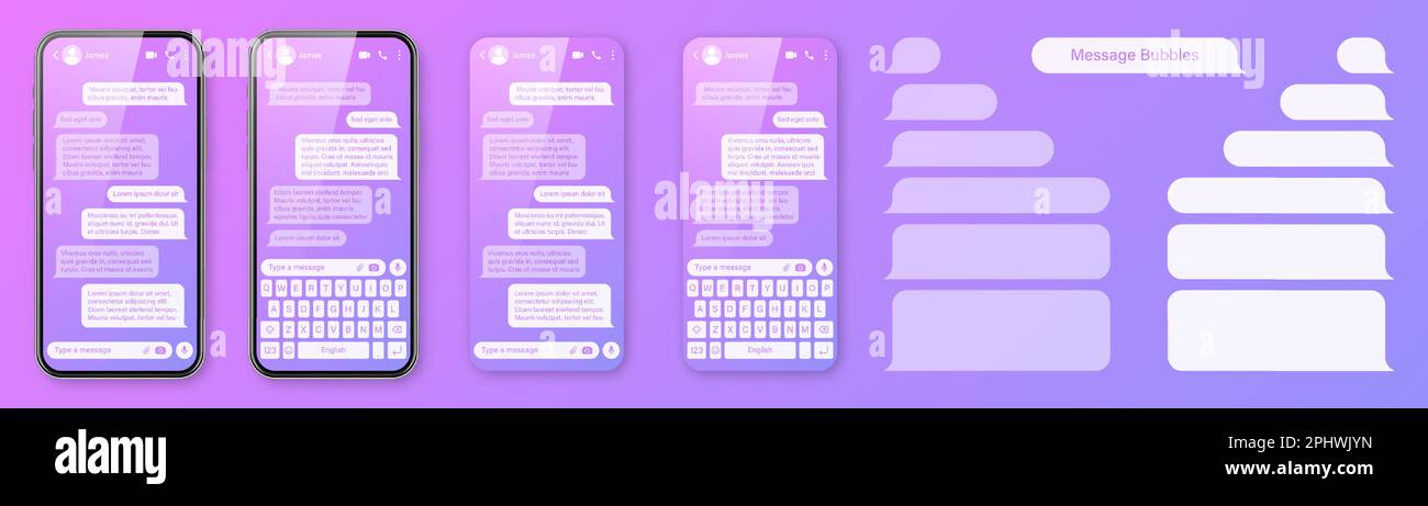 Realistic smartphone with messaging app on colorful violet background ...