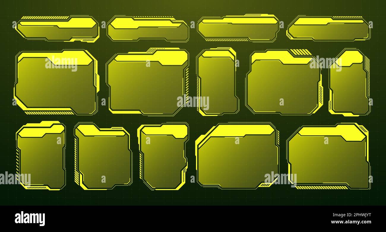 Yellow futuristic HUD, UI elements. Sci-fi user interface text boxes, callouts. Warning message ...