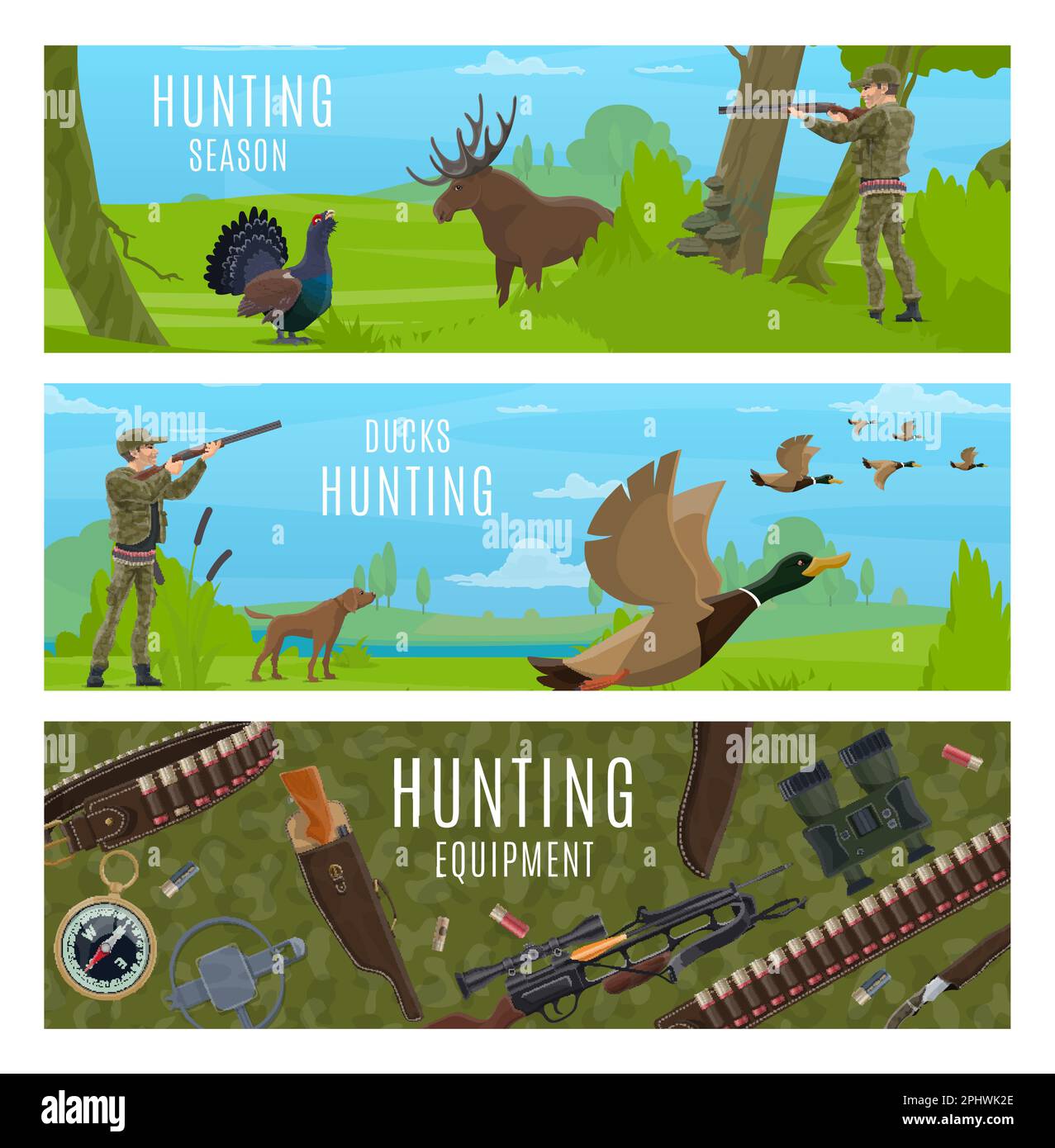 Hunting sport equipment and animals. Vector hunter characters with dog ...