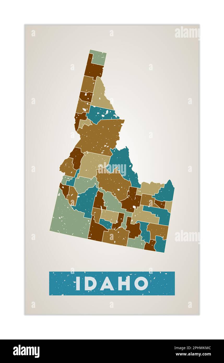 Idaho map. US state poster with regions. Old grunge texture. Shape of ...