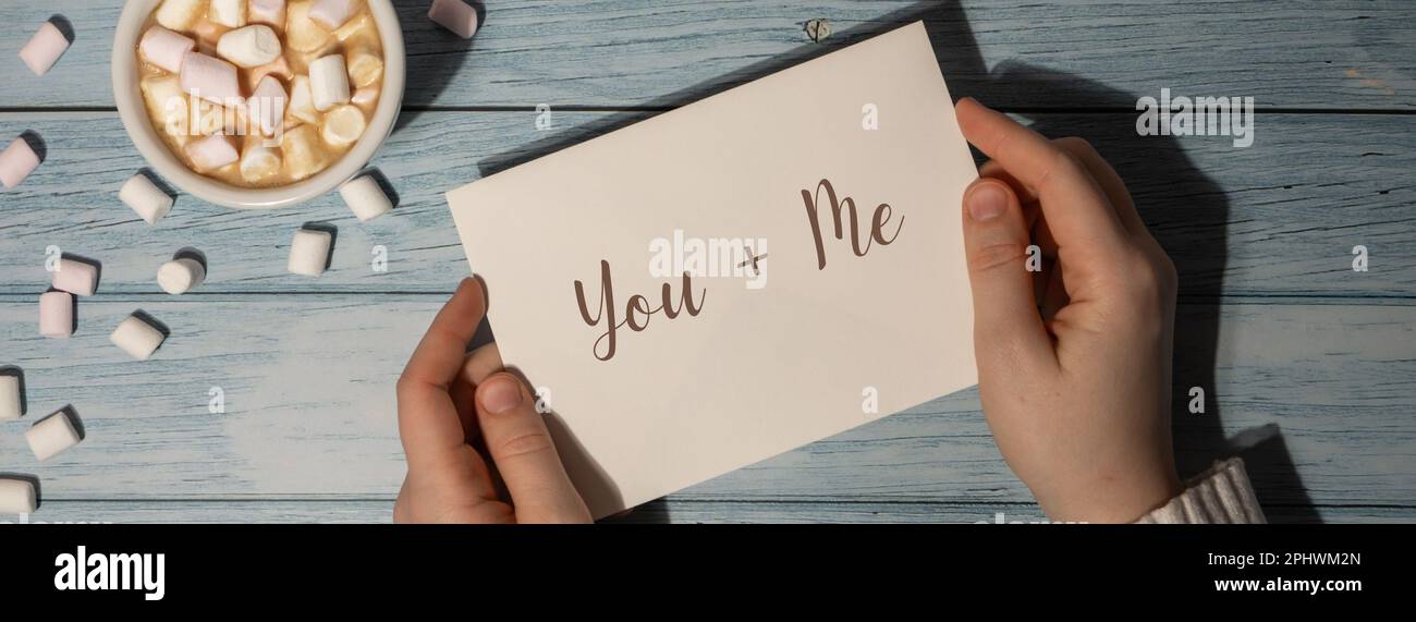 YOU plus ME text on valentine card inscription positive quote phrase ...