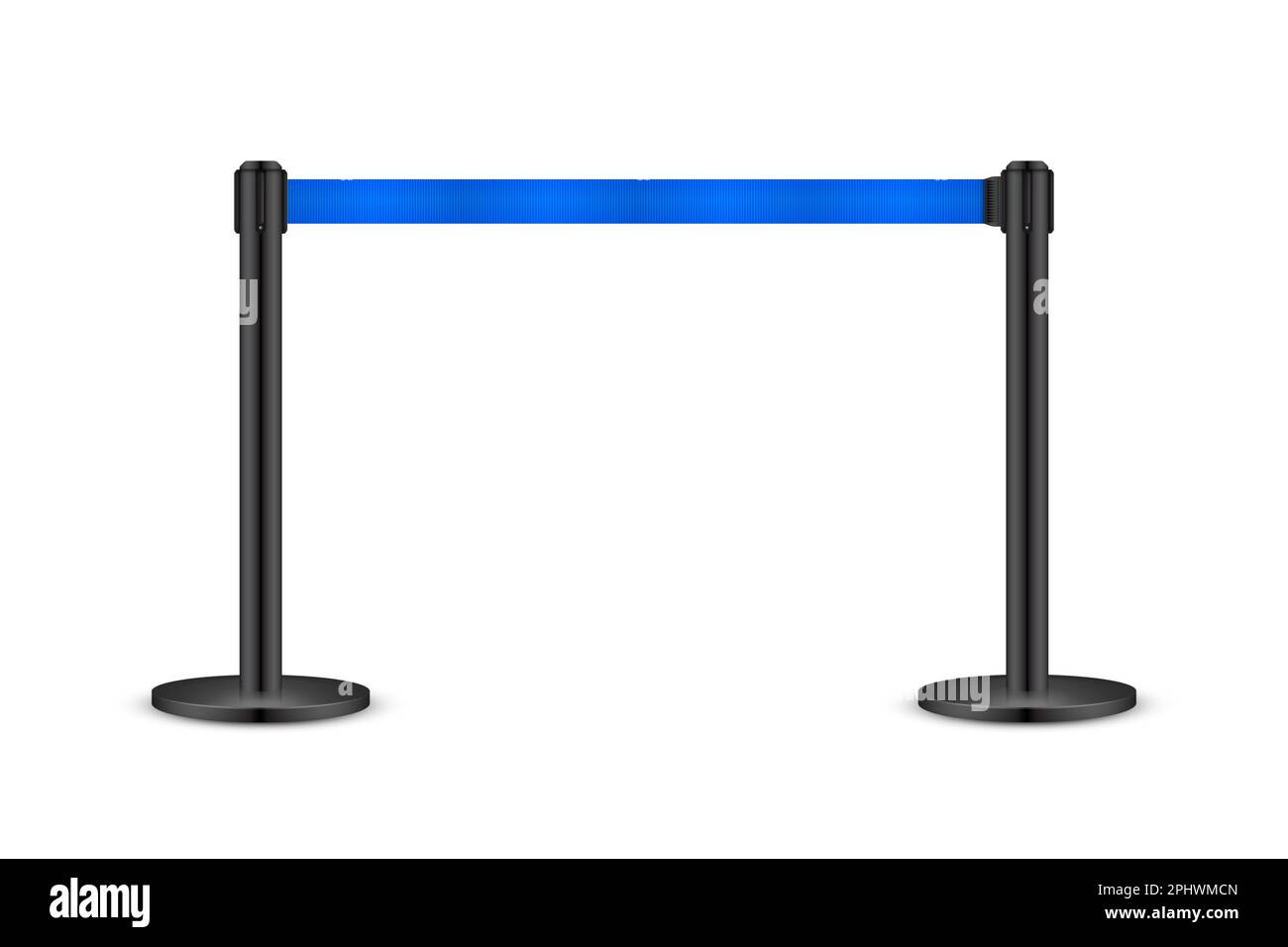Realistic blue retractable belt stanchion. Crowd control barrier posts ...