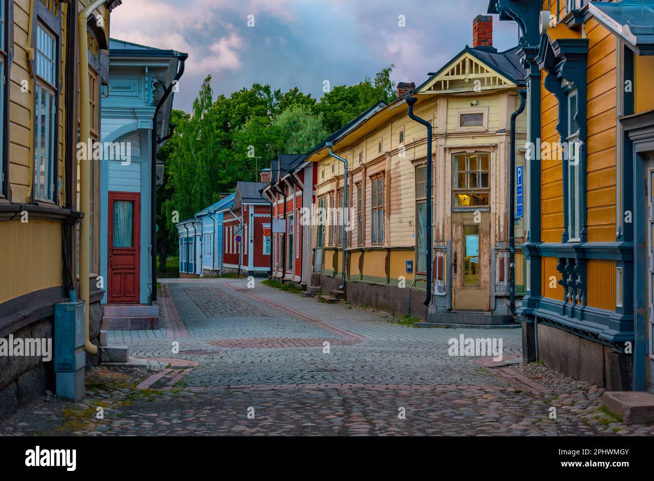 Sunset view of timber buildings at Vanha Rauma district of Rauma in ...