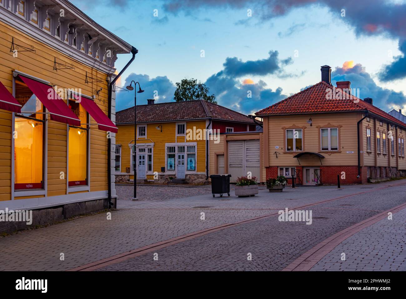 Sunset view of timber buildings at Vanha Rauma district of Rauma in ...