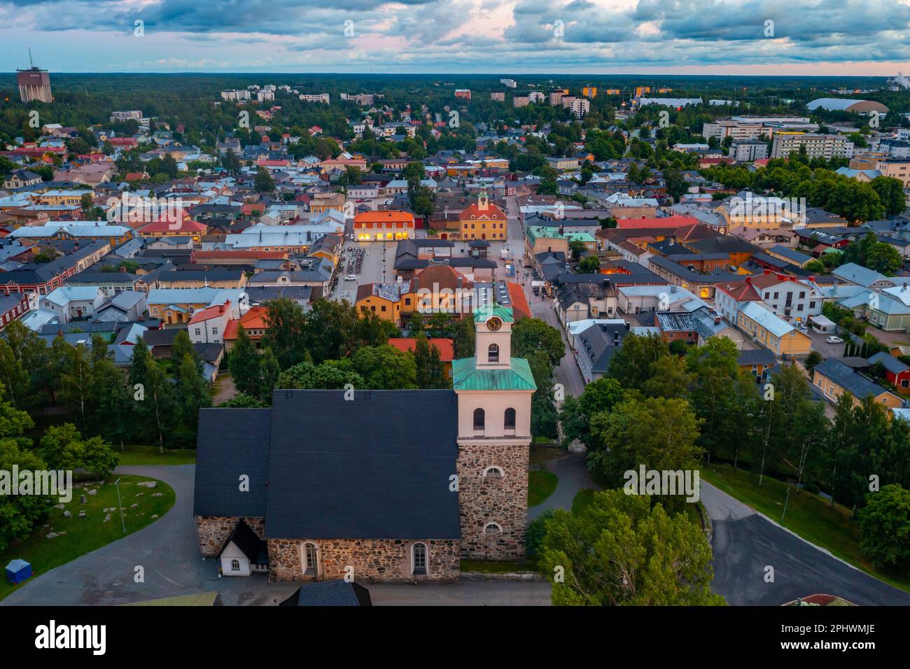 Sunset panorama of the holy cross church and Finnish town Rauma Stock ...
