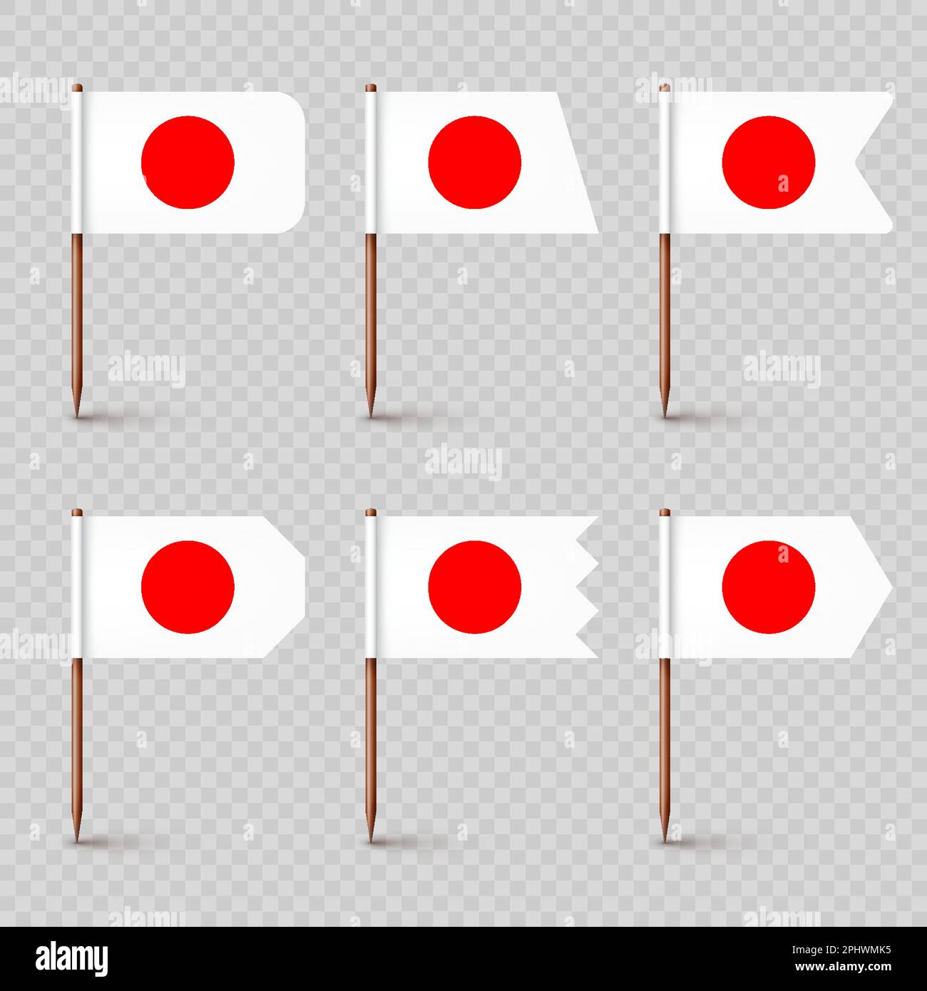 Realistic various Japanese toothpick flags. Souvenir from Japan. Wooden ...