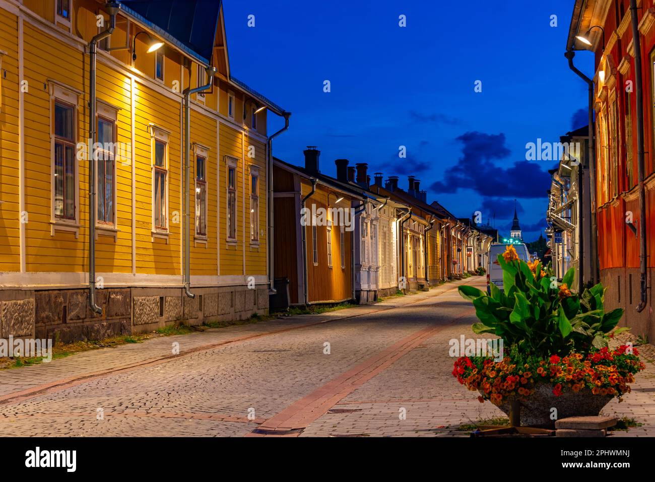 Sunset view of timber buildings at Vanha Rauma district of Rauma in ...