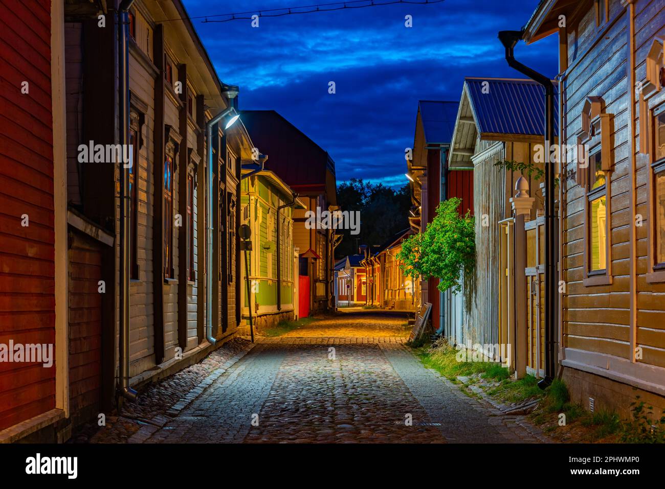 Sunset view of timber buildings at Vanha Rauma district of Rauma in ...