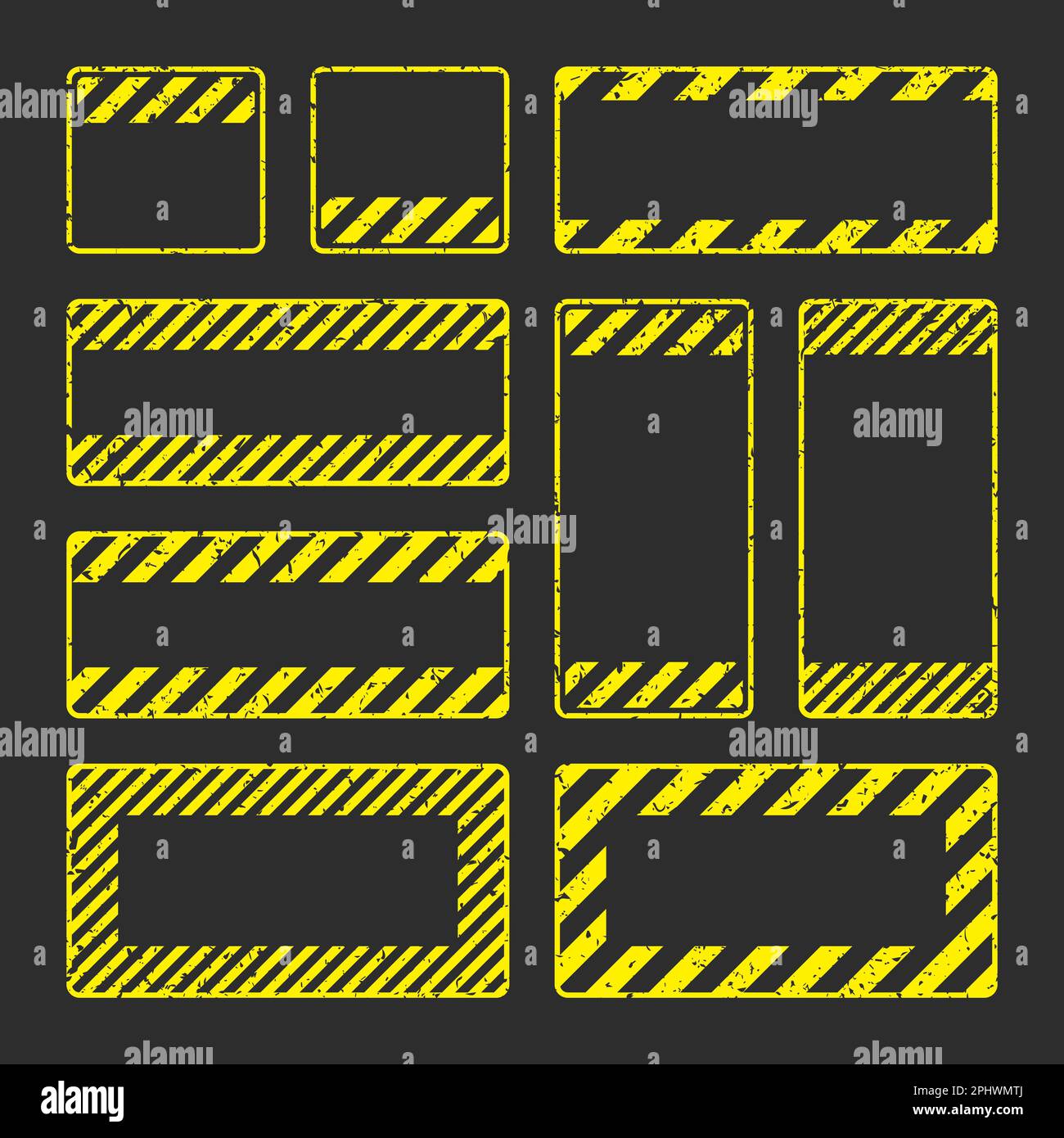 Various yellow grunge warning signs with diagonal lines. Old attention ...