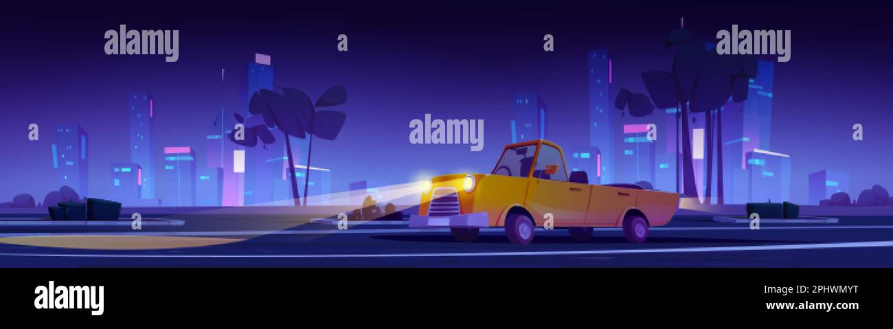 Car on parking in night city. Vector cartoon illustration of yellow ...