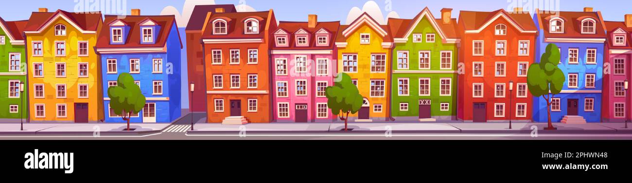 Scandinavian city street panoramic panoramic view with traditional ...