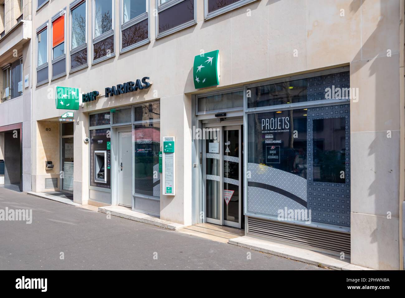 Exterior view of a bank branch of BNP Paribas, a French commercial bank ...