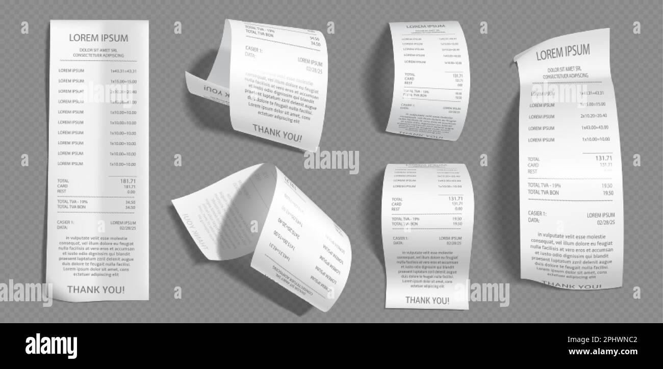 Paper bill receipt from supermarket. Isolated vector shop check after payment in restaurant ...