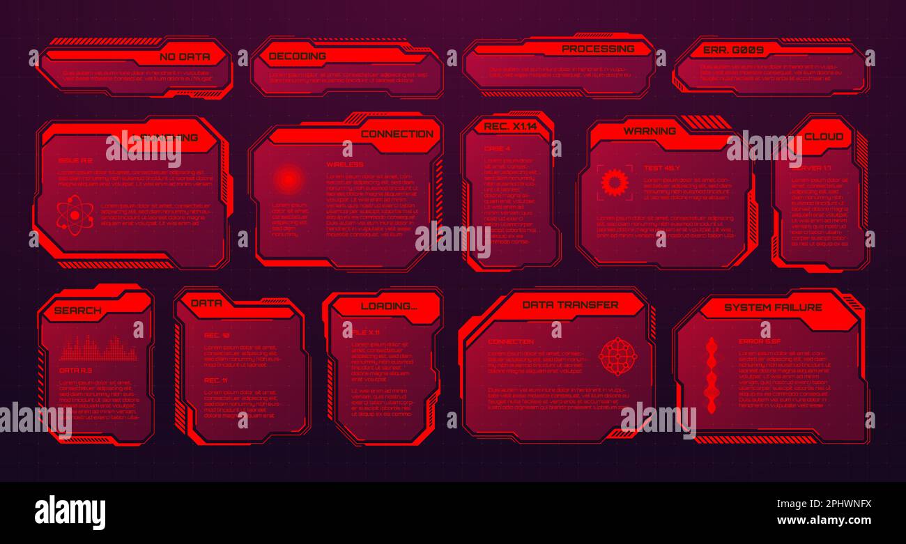 Red futuristic HUD or UI elements. Sci-fi user interface text boxes, callouts. Warning message ...