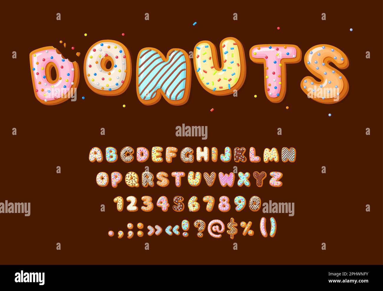 Donut font type, cartoon alphabet typeface letters, vector bakery sweet ...