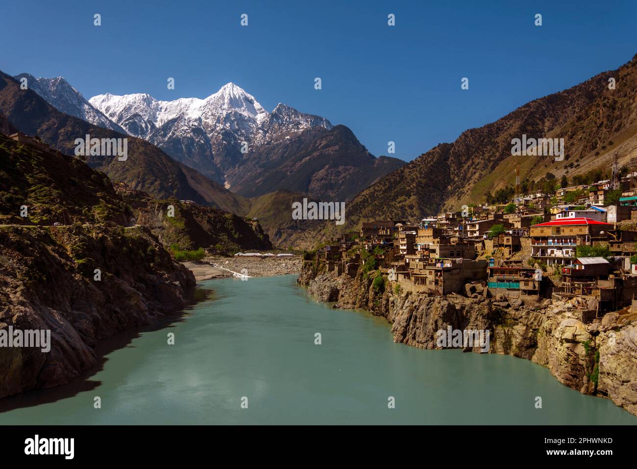 bridge on the river in gilgit baltistan , beautiful mountain village in ...