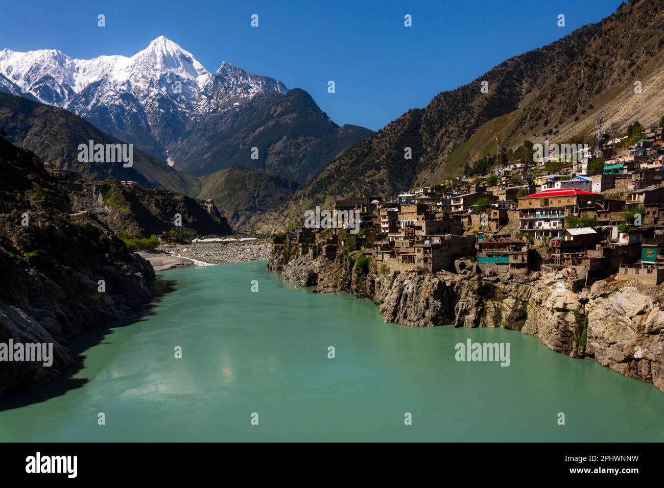 bridge on the river in gilgit baltistan , beautiful mountain village in ...