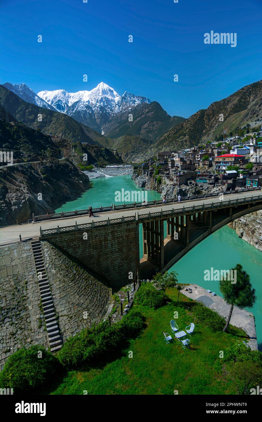 bridge on the river in gilgit baltistan , beautiful mountain village in ...
