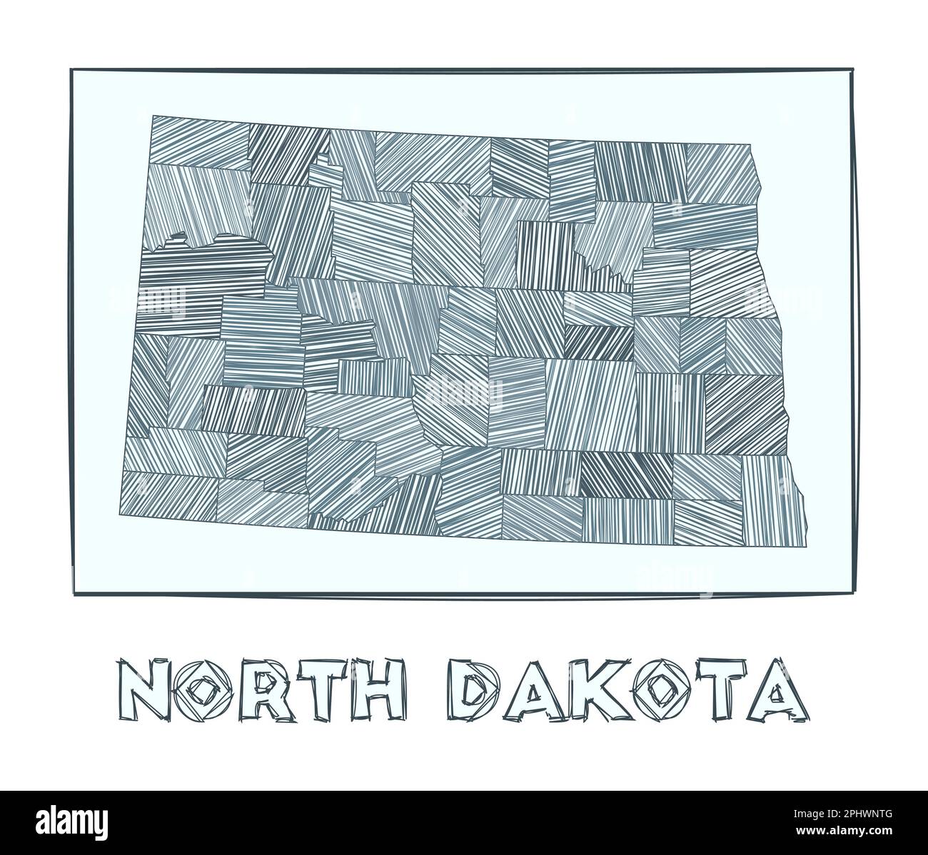 Sketch map of North Dakota. Grayscale hand-drawn map of the US state ...