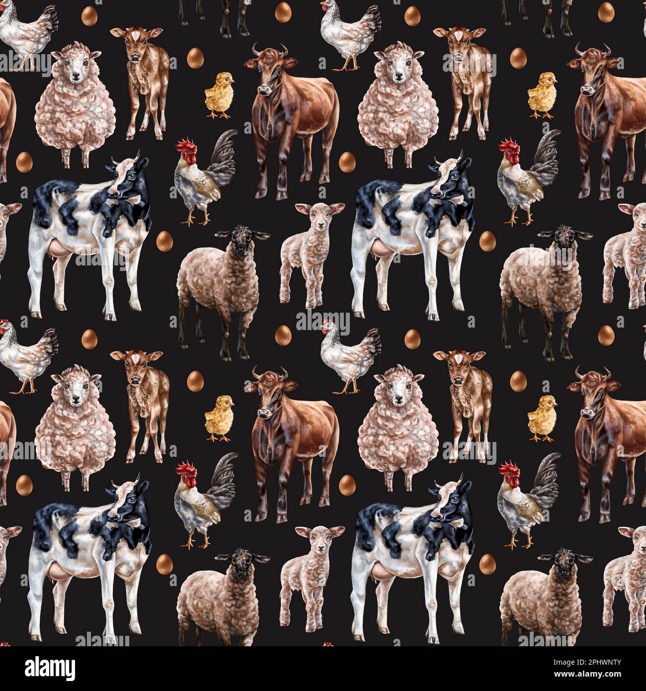 Seamless hand-drawn drawing with farm animals: cows, chickens and sheep ...