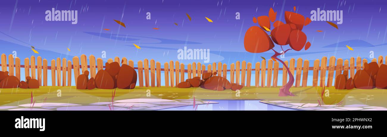 Autumn backyard garden with wooden fence, rainy weather vector ...