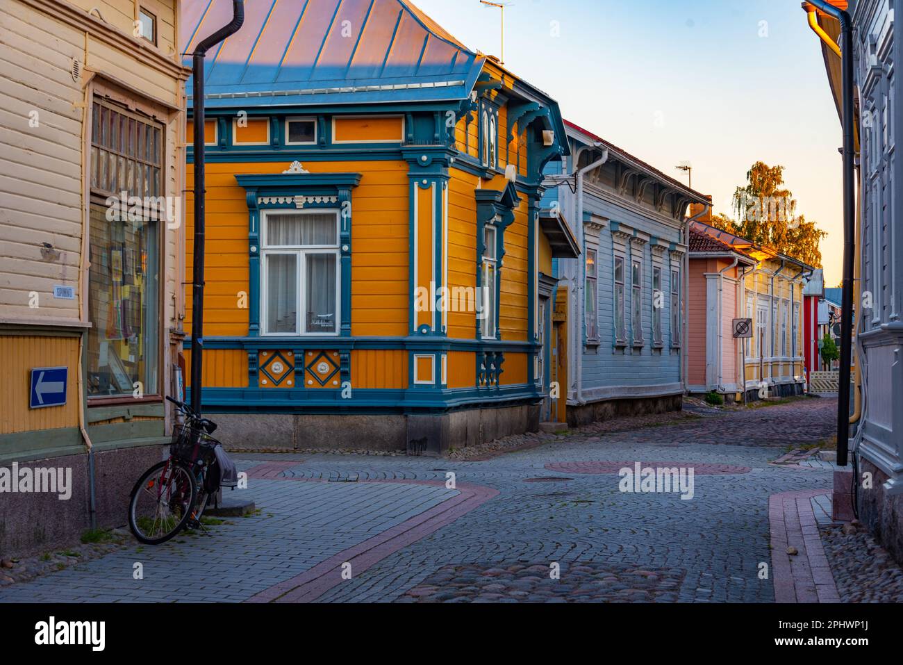 Sunset view of timber buildings at Vanha Rauma district of Rauma in ...