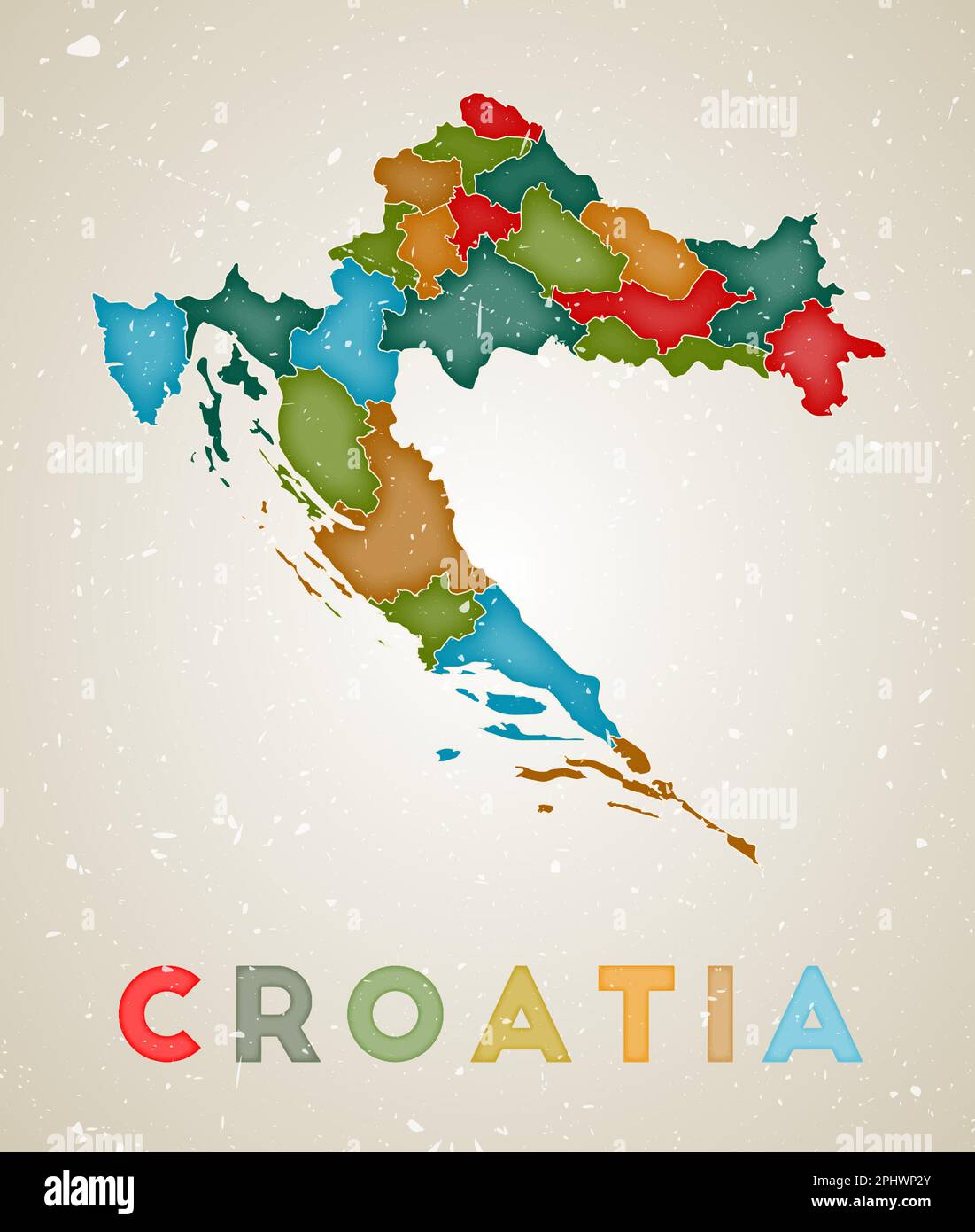 Croatia map. Country poster with colored regions. Old grunge texture ...