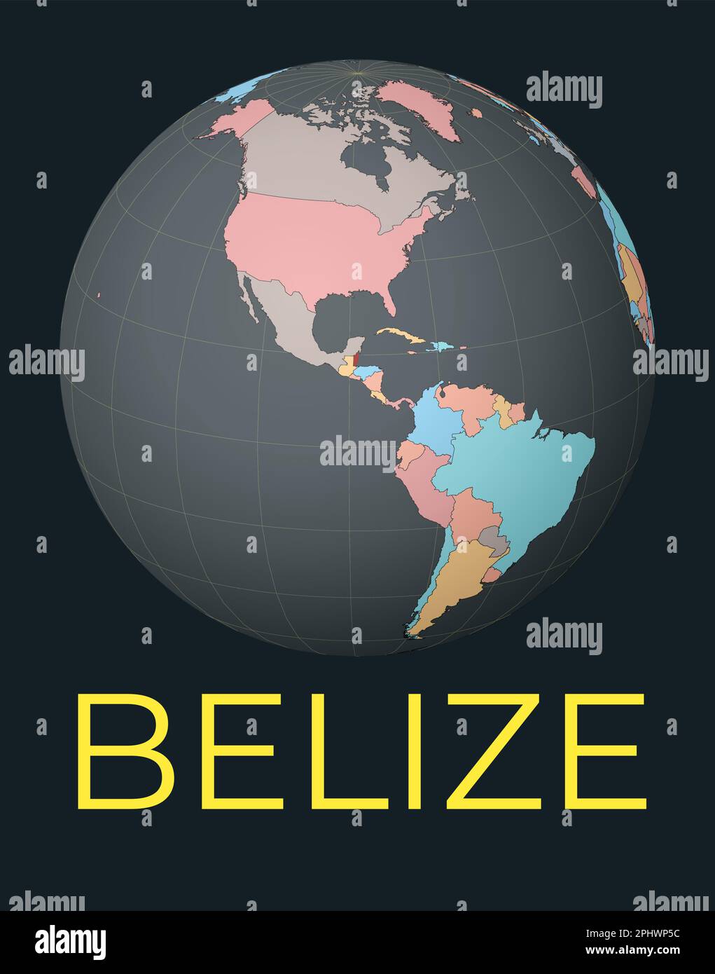 World map centered on Belize. Red country highlighted. Satellite world ...