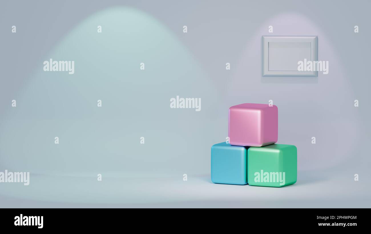 A photo studio background with a tri-color square decoration and a ...