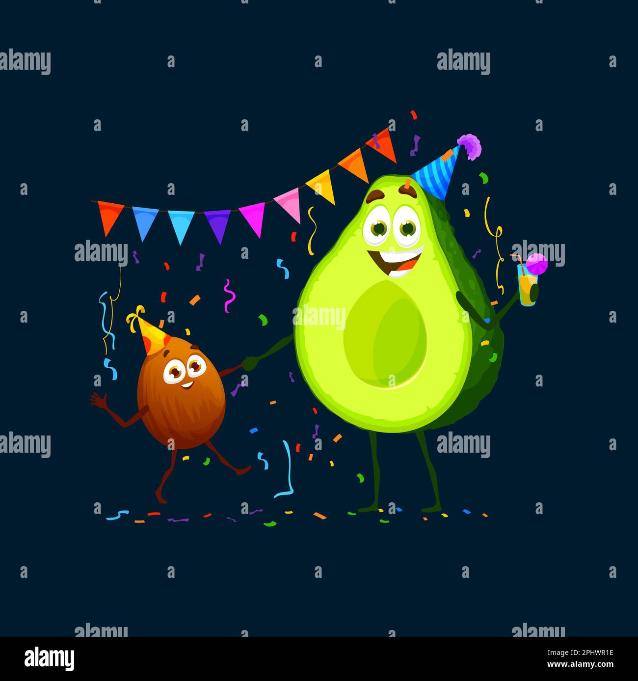 Cartoon avocado characters on holiday party. Vector festive occasion ...