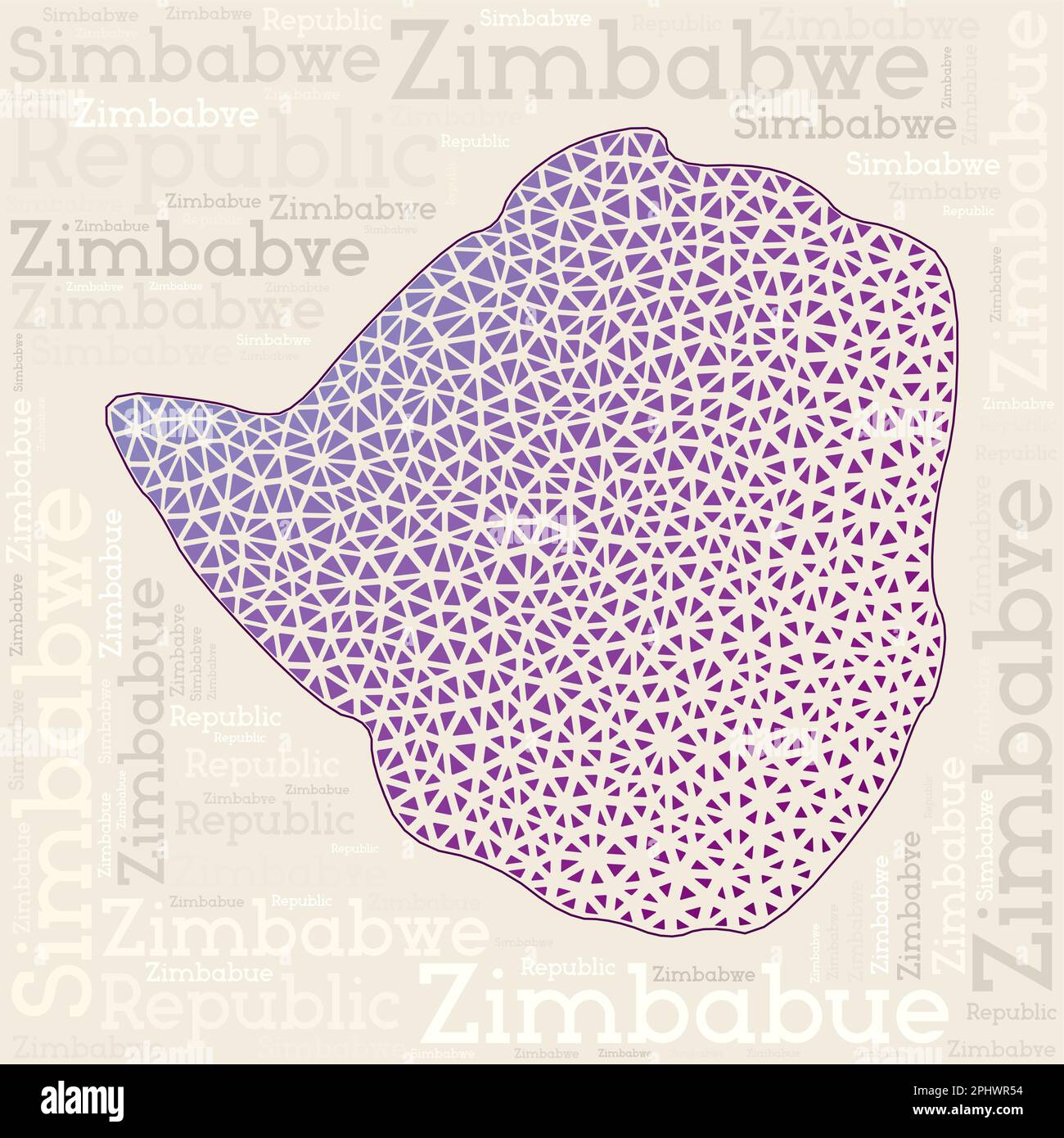 Zimbabwe map design. Country names in different languages and map shape ...